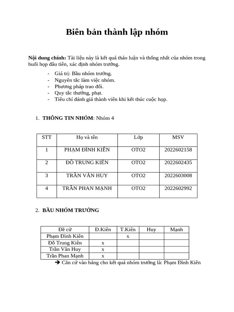 Biên Bản Thành Lập Nhóm Ltot-4 | PDF