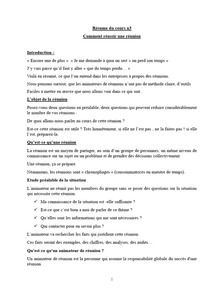 Resume Du Cours n3 Comment Reussir Une Reunin | PDF