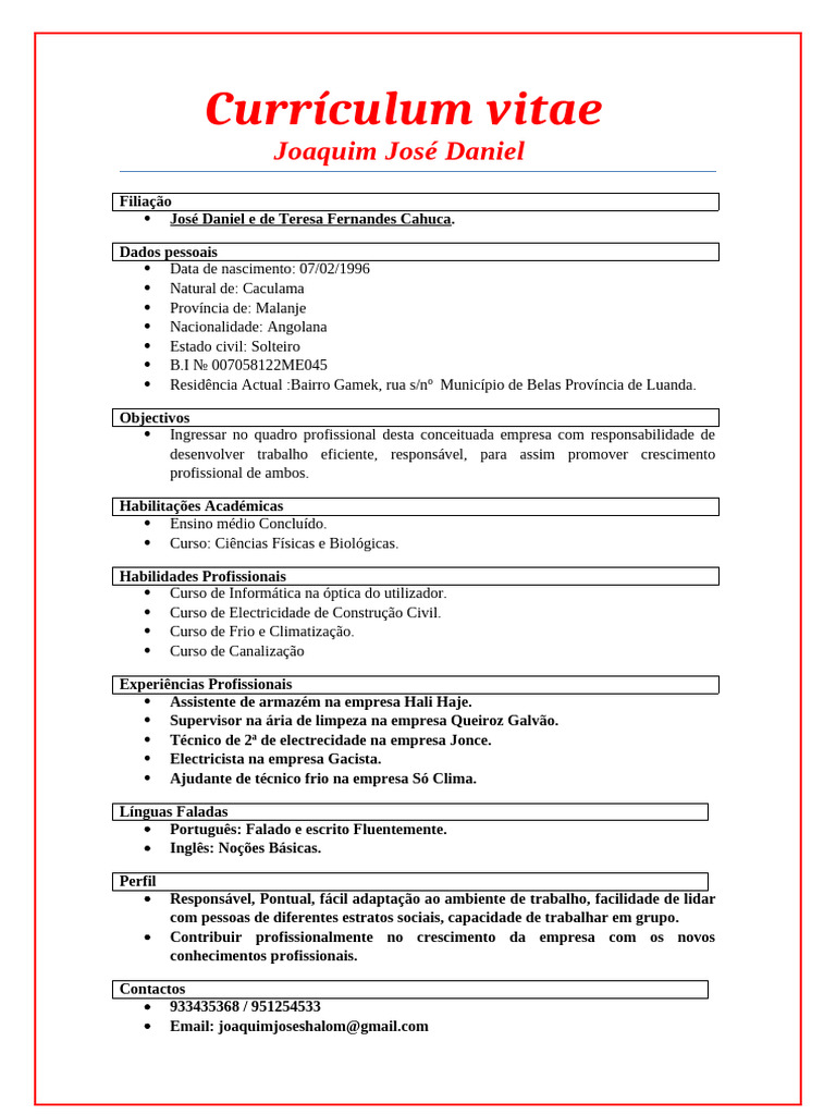 Currículum Vitae: Joaquim José Daniel | PDF