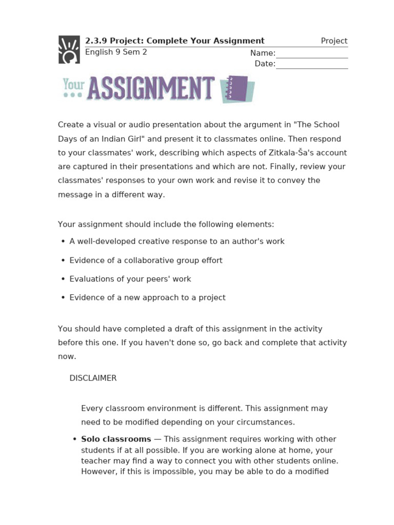 2.3.9 Project - Complete Your Assignment (Project) | PDF