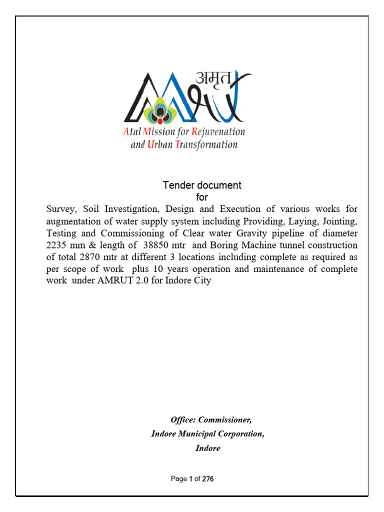 Indore Water Supply Augmentation Tender | PDF | Pipe (Fluid Conveyance ...
