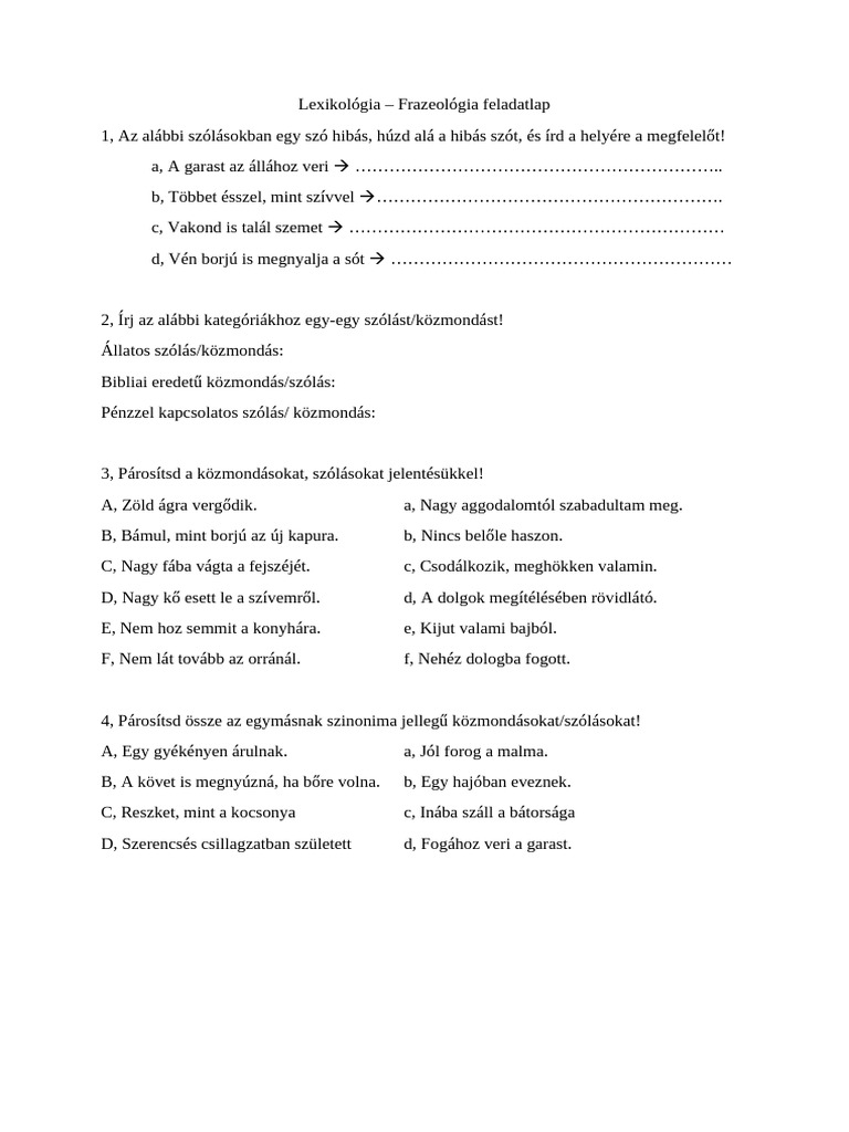 Frazeológiai Feladatlap | PDF