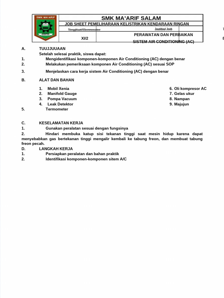 PDF Job Sheet Sistem Air Conditioning Ac Compress | PDF