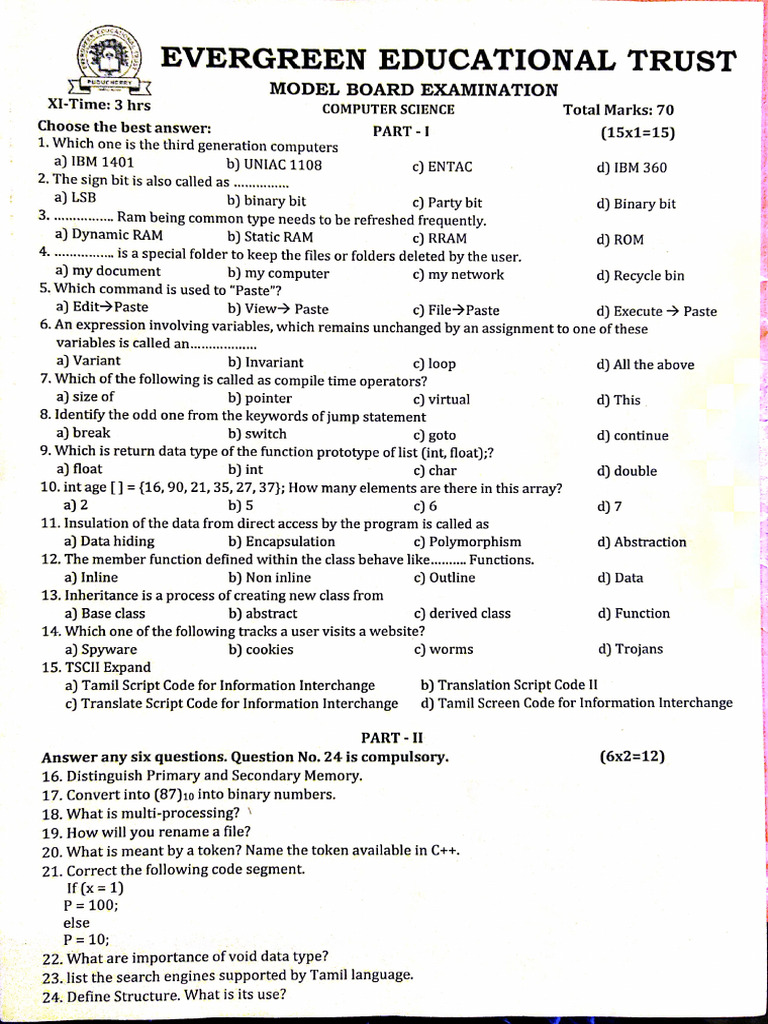 11th Computer Science EM Public Exam Model Question Paper English ...