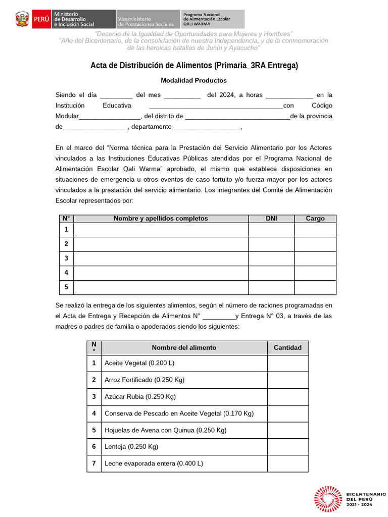 Acta de Distribucion - Primaria - 3ra Entrega 2024 | PDF