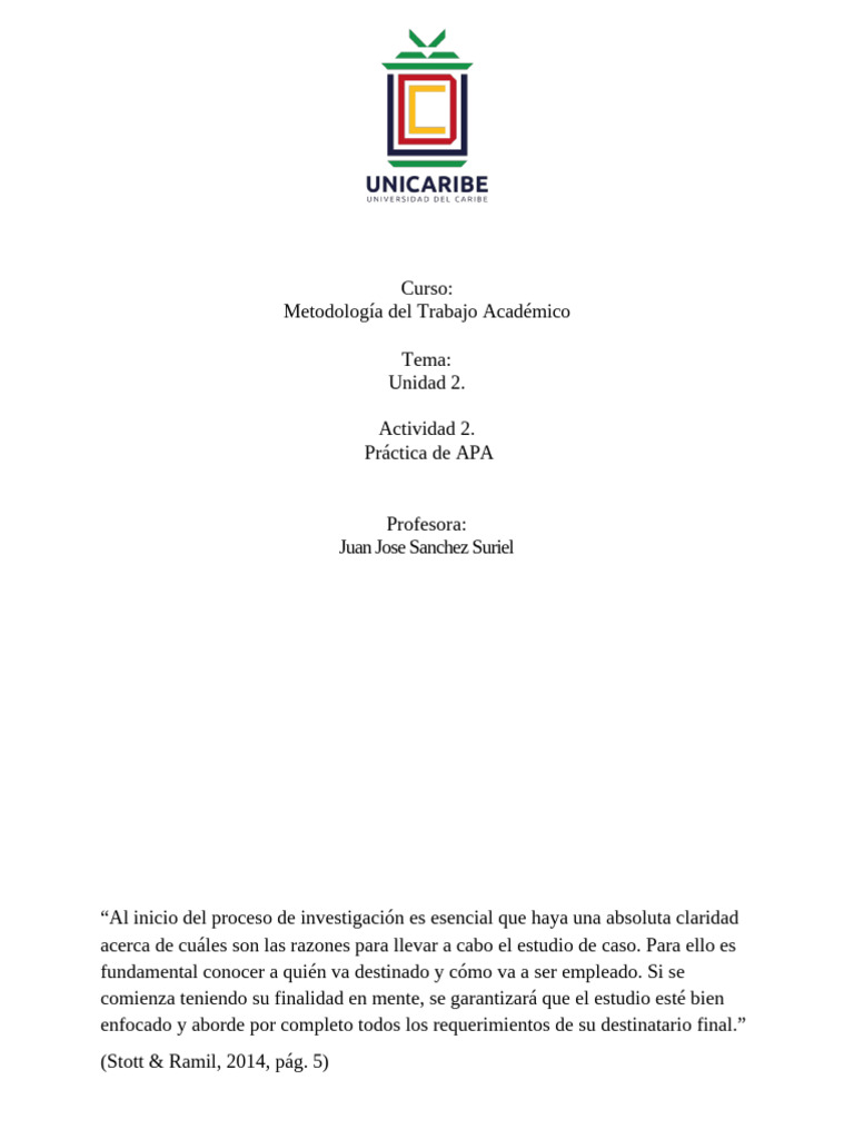 Unidad 2 Actividad 2 Practica de Apa | PDF | Caso de estudio | Ciencia y matemáticas