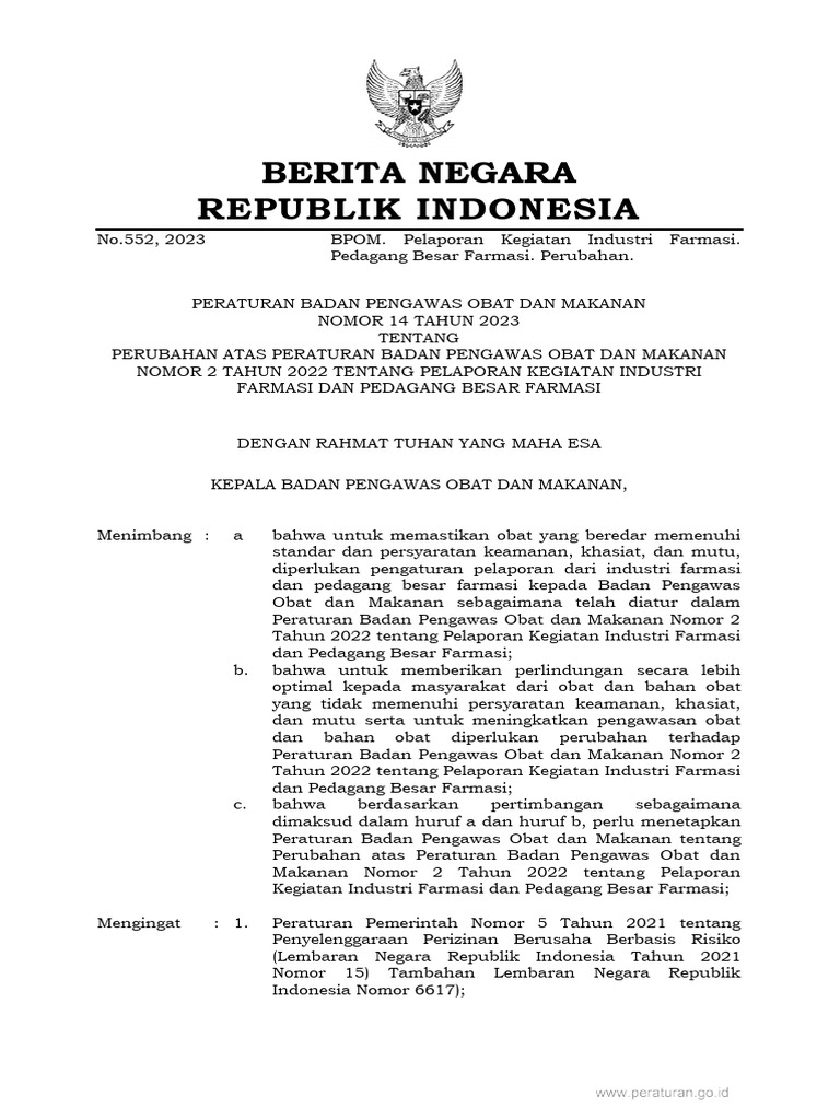 Peraturan Bpom No 14 Tahun 2023 | PDF