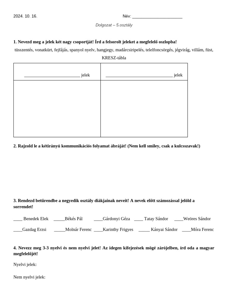 10.16 - 5.osztály Kommunikáció - Betűrendbe Sorolás Dolgozat | PDF