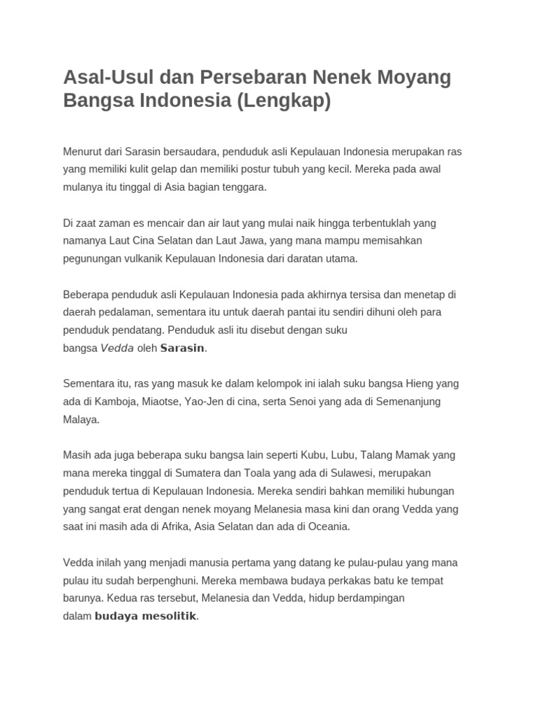 Asal Usul Nenek Moyang Bangsa Indonesia | PDF