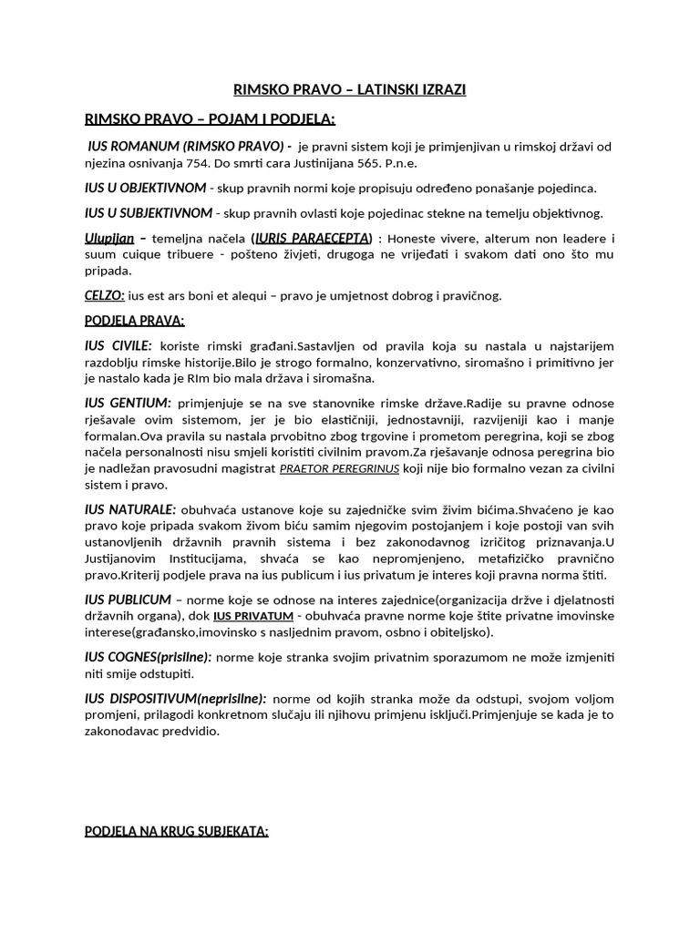 Rimsko Pravo - Latinski Izrazi Rimsko Pravo - Pojam I Podjela | PDF