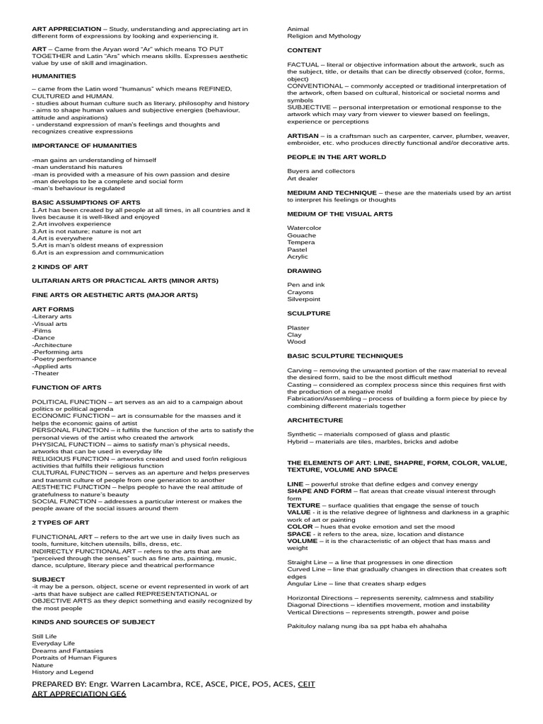 PREPARED BY: Engr. Warren Lacambra, RCE, ASCE, PICE, PO5, ACES, CEIT Art Appreciation Ge6 | PDF