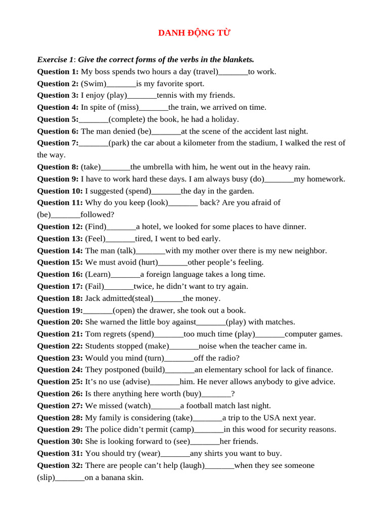 BT CHUYÊN ĐỀ Ving ToV | PDF