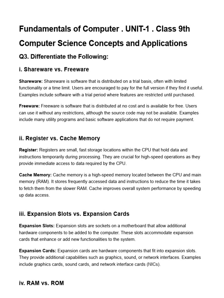 Fundamentals of Computer - UNIT-1 - Class 9th | PDF