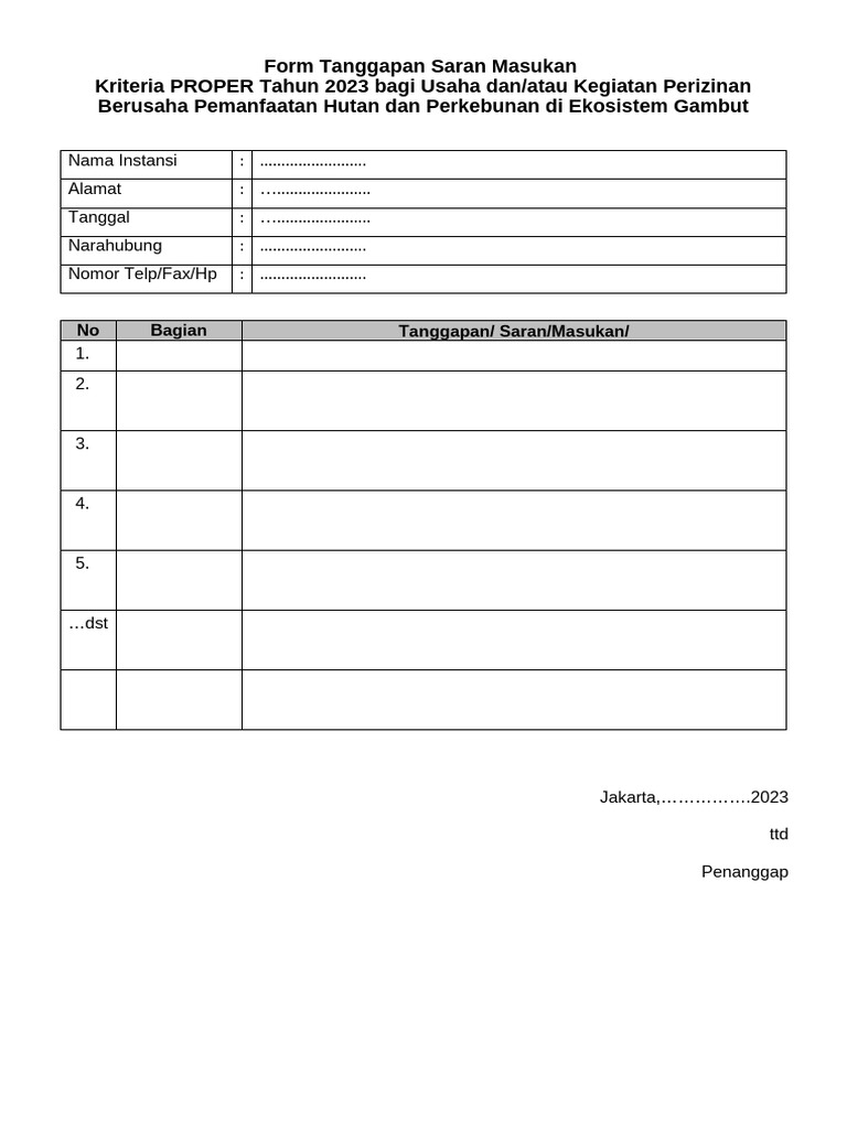 1-Form Tanggapan Saran Masukkan PROPER Gambut | PDF