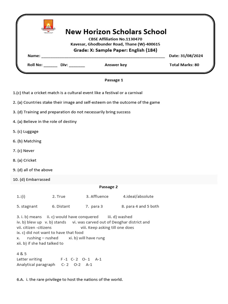 Sample paper answer key_240919_095947 | PDF