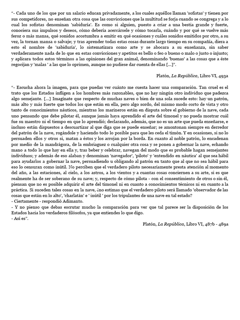 Platón - Textos de la Nave del Estado y la Bestia | PDF