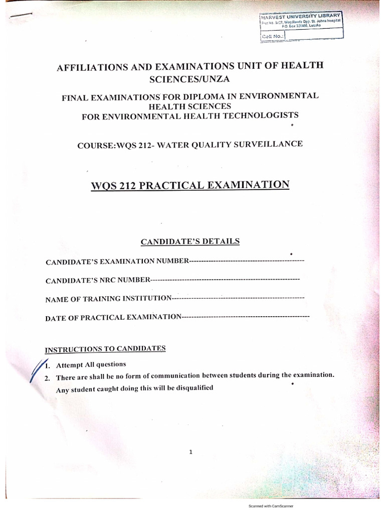 Water Quality Surveillance WQS212 Practical Examination Sup 3 | PDF