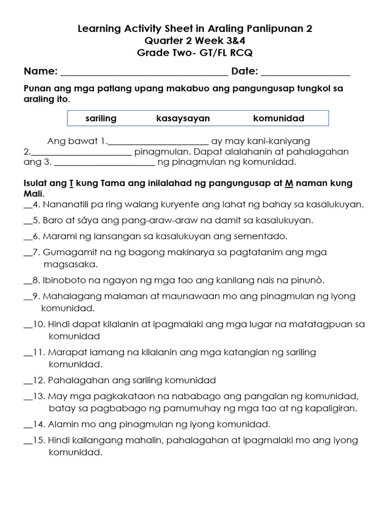 Learning Activity Sheet in Araling Panlipunan 2 Quarter 2 Week 3&4 ...