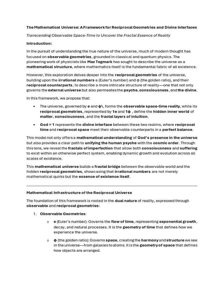 The Mathematical Universe. A Framework For Reciprocal Geometries and ...