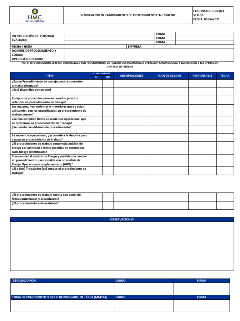 Pr-For-Dpr-021 Verificacion Cumplimiento de Procedimiento en Terreno | PDF