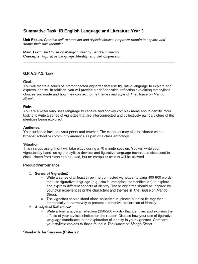 Summative Task: IB English Language and Literature Year 3: Unit Focus | PDF