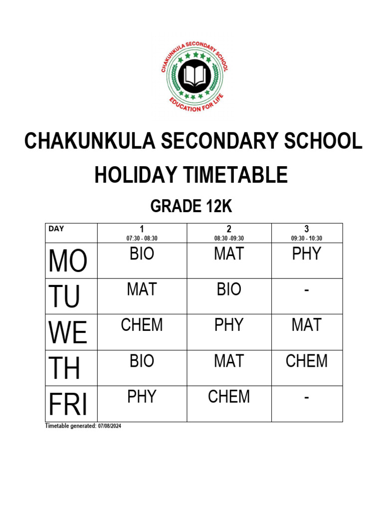 Holiday Time Table - G12 | PDF