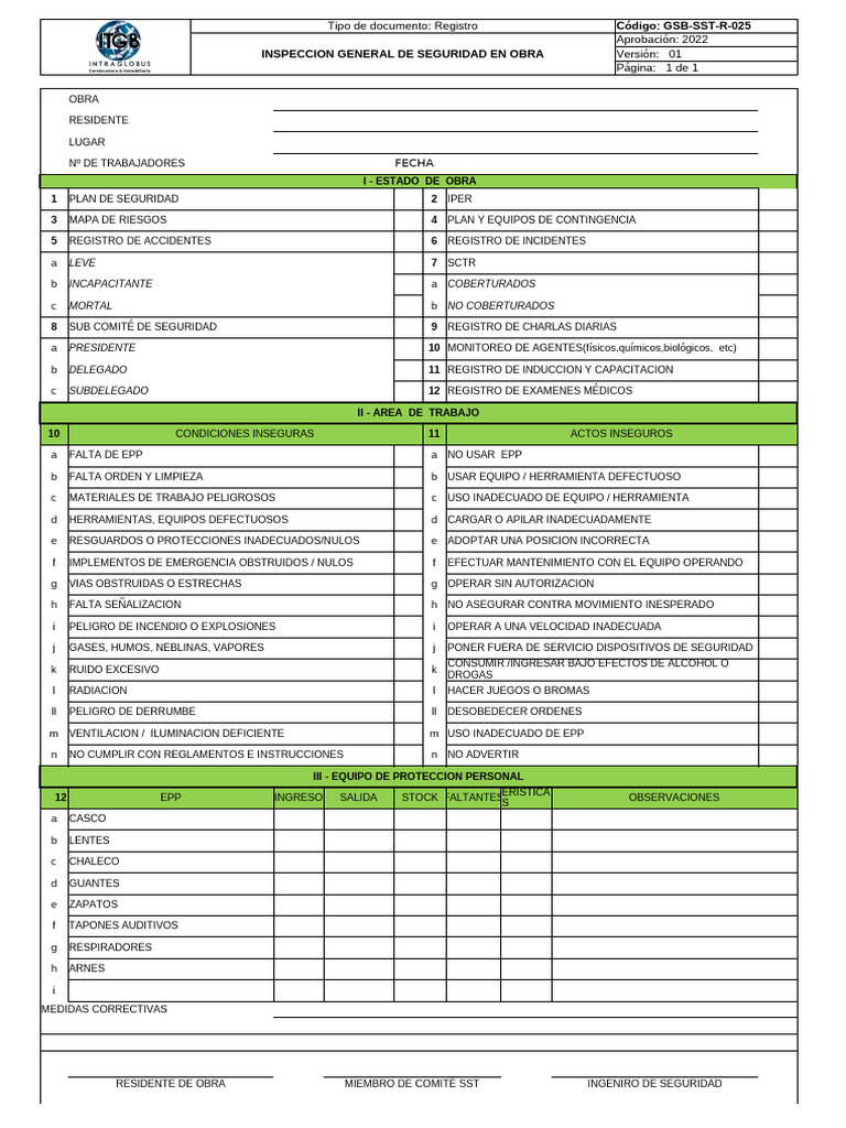 GSB-SST-R-025 Inspección General de Seguridad en Obra | PDF
