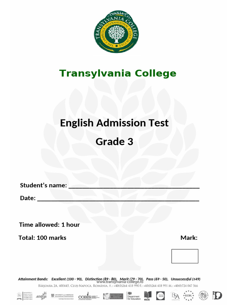 Admission Test Grade 3 | PDF