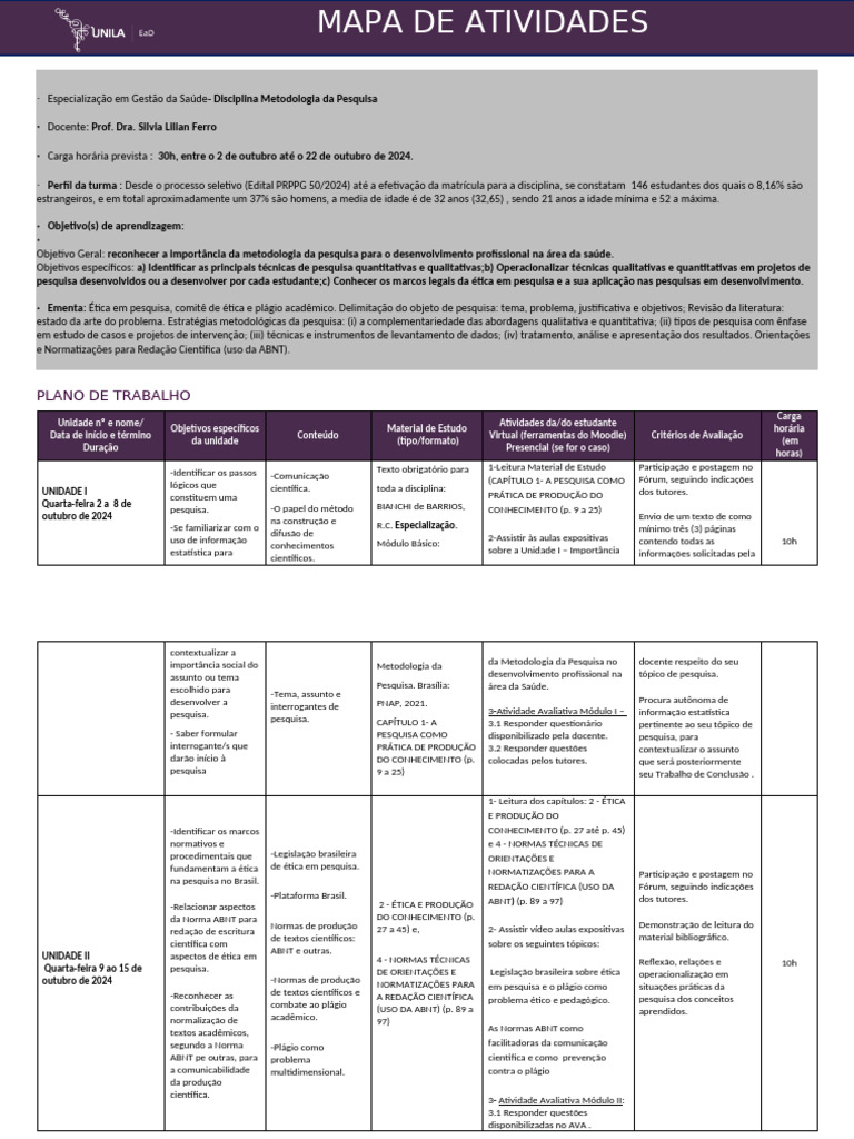 Mapa de Atividades Disciplina Metodologia | PDF