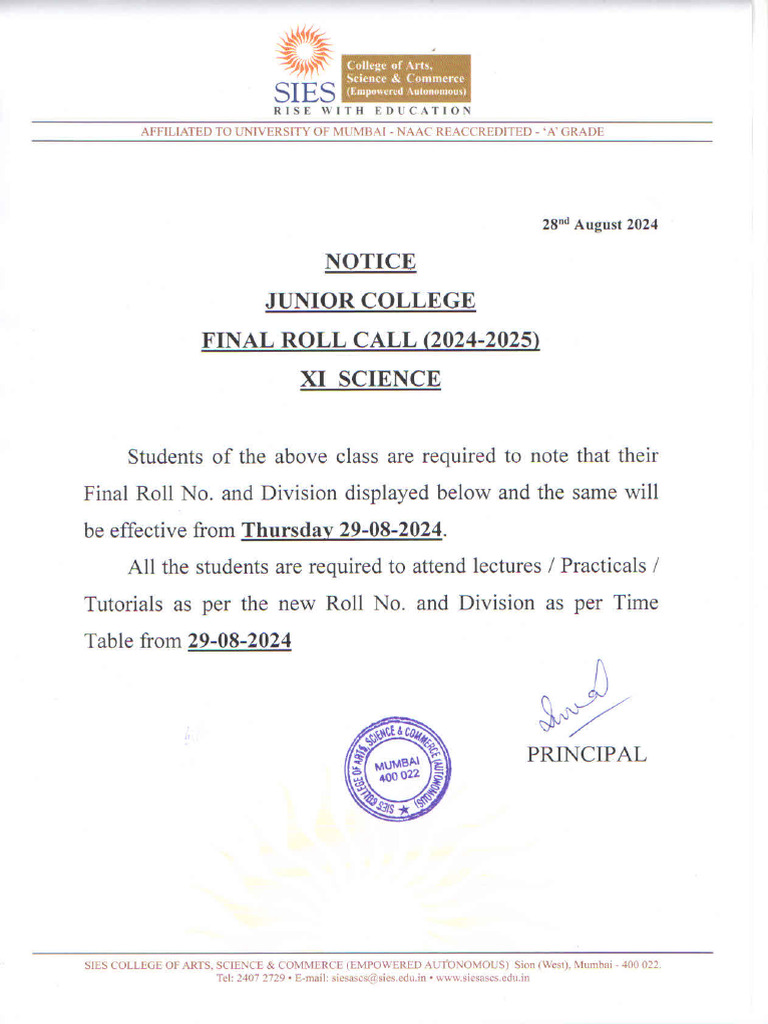 Fyjc Science Final Roll Call 2024-25 | PDF