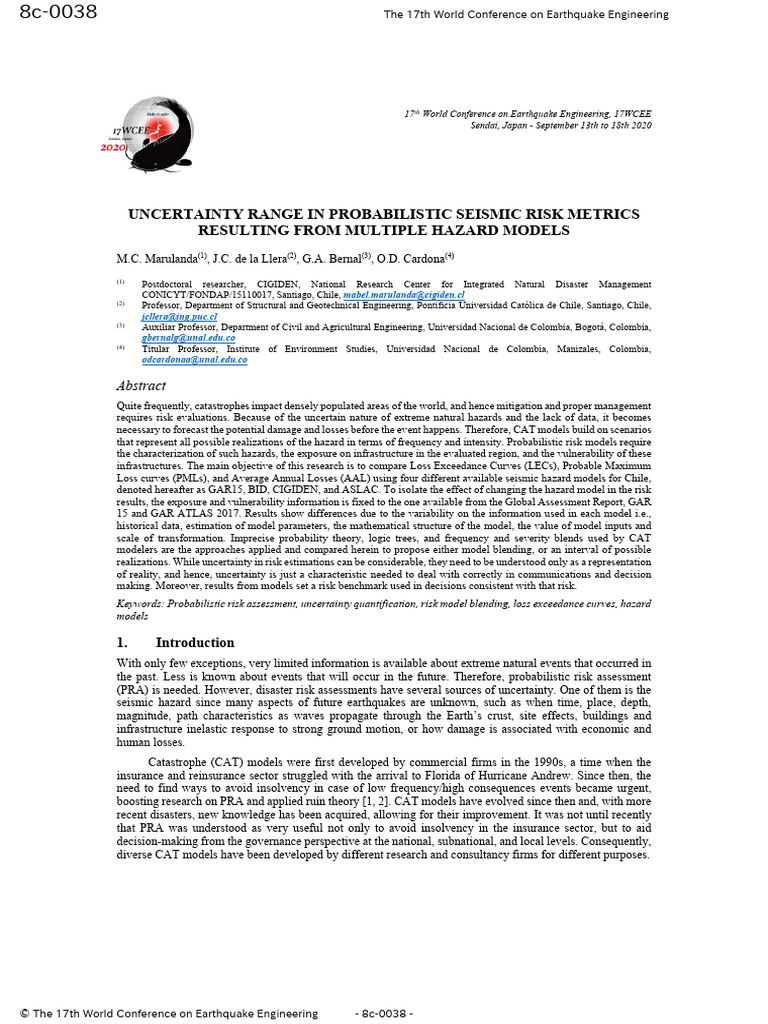 Uncertainty Range in Probabilistic Seismic Risk Metrics Resulting From Multiple Hazard Models | PDF