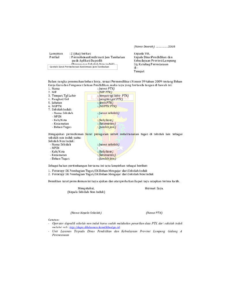 Contoh Format Tambahan Jam Di Sekolah Lain | PDF