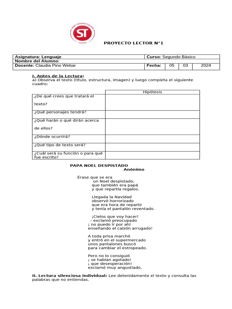 Proyecto lector Lenguaje Segundo Básico. | PDF