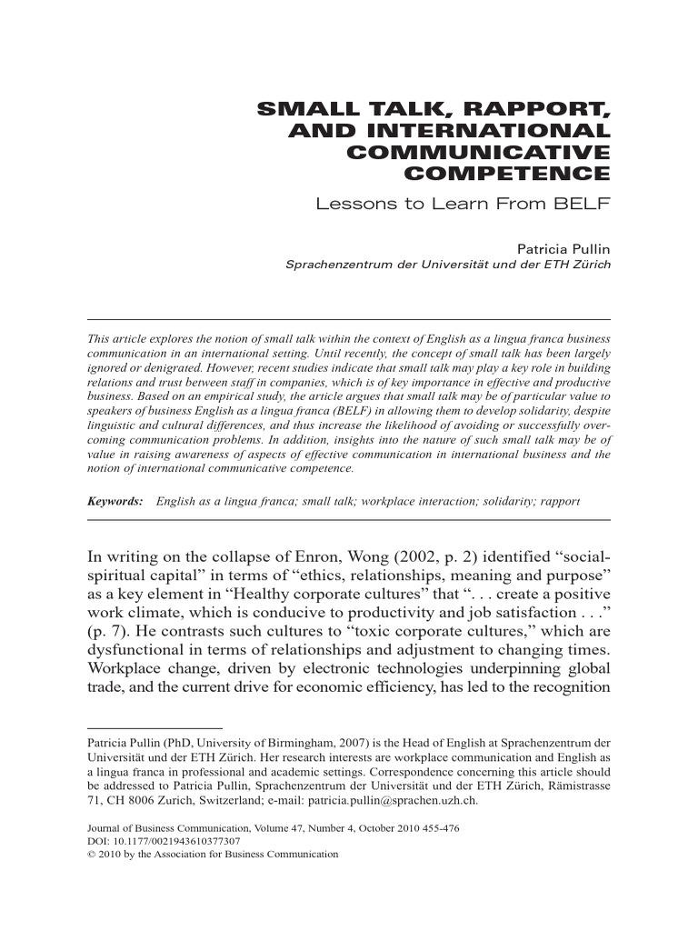 Pullin 2010 Small Talk Rapport and International Communicative ...