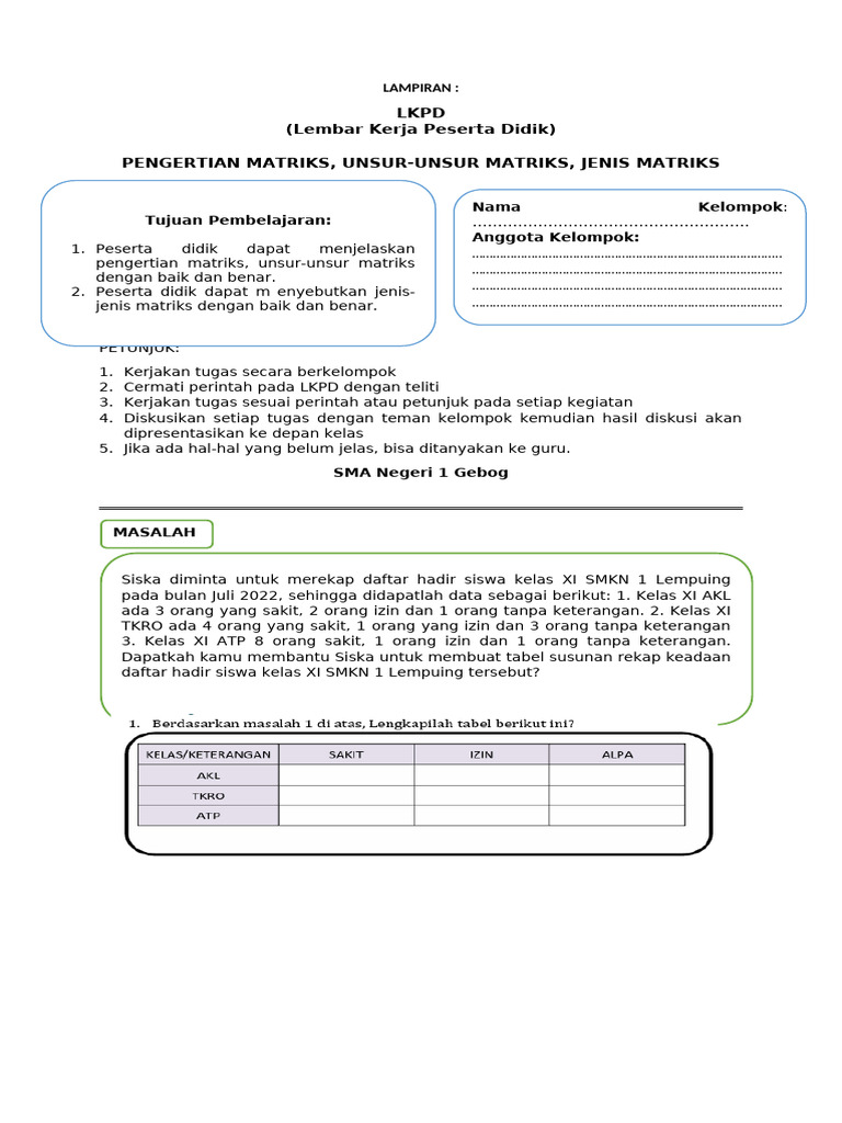 LKPD Pengertian Dan Jenis-Jenis Matriks | PDF
