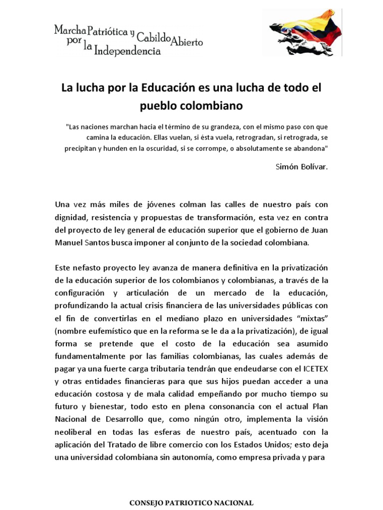 Comunicado de Apoyo A La Lucha Estudiantil Marcha Patriotic A | PDF ...