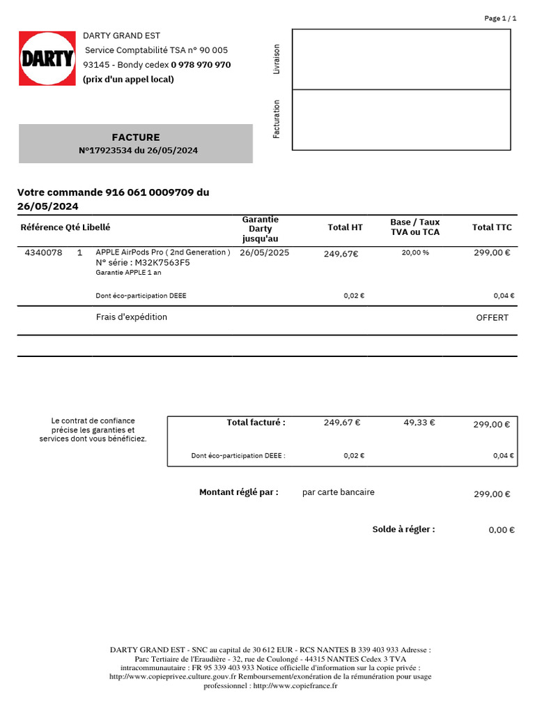 Facture AirPods Pro 2 PDF | PDF