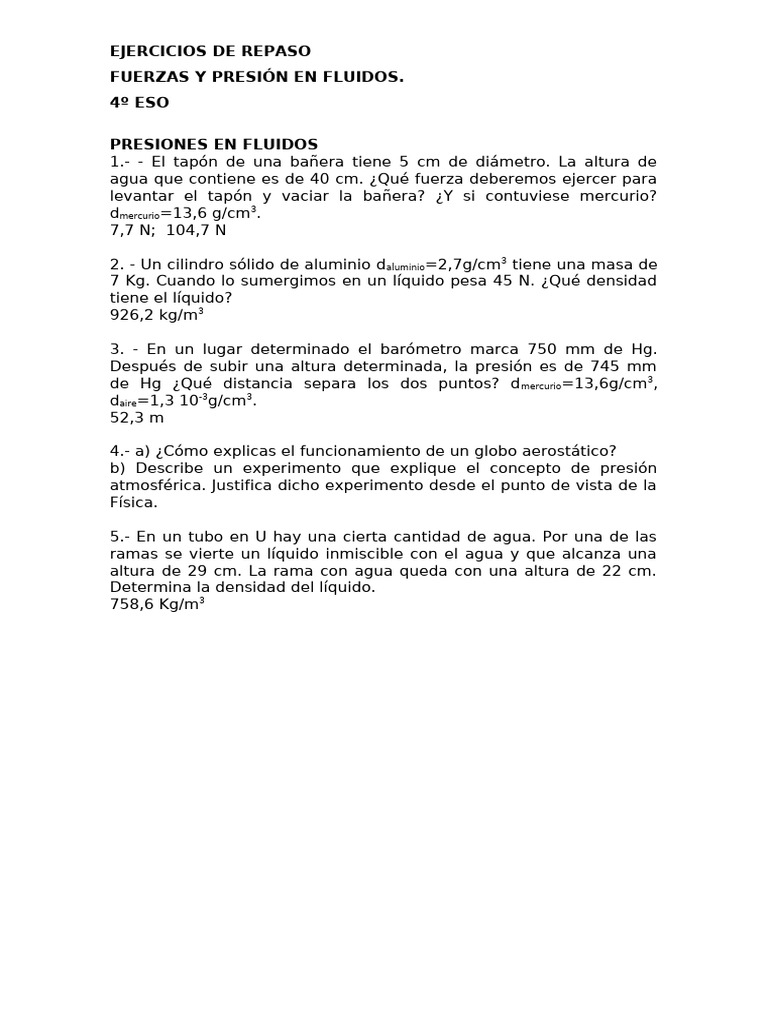Ejercicios de Repaso de Presiones en Fluidos 1 | PDF