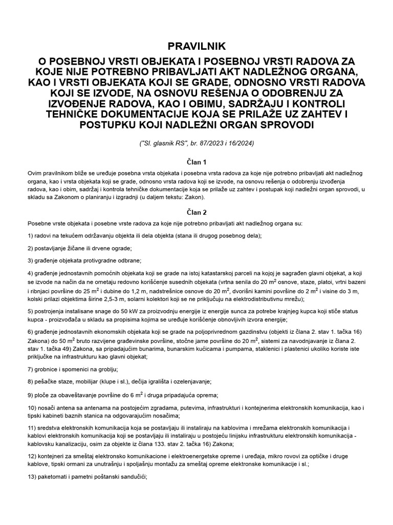 2024 Pravilnik - Posebne Vrste Objekata I Radova Za Koje Nije Potrebno ...