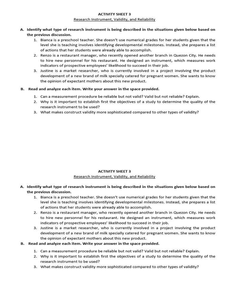 ACTIVITY SHEET 3 Research Instrument, Validity, and Reliability | PDF | Validity (Statistics ...