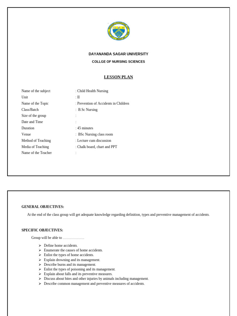 LESSON PLAN On Prevention of Accidents | PDF