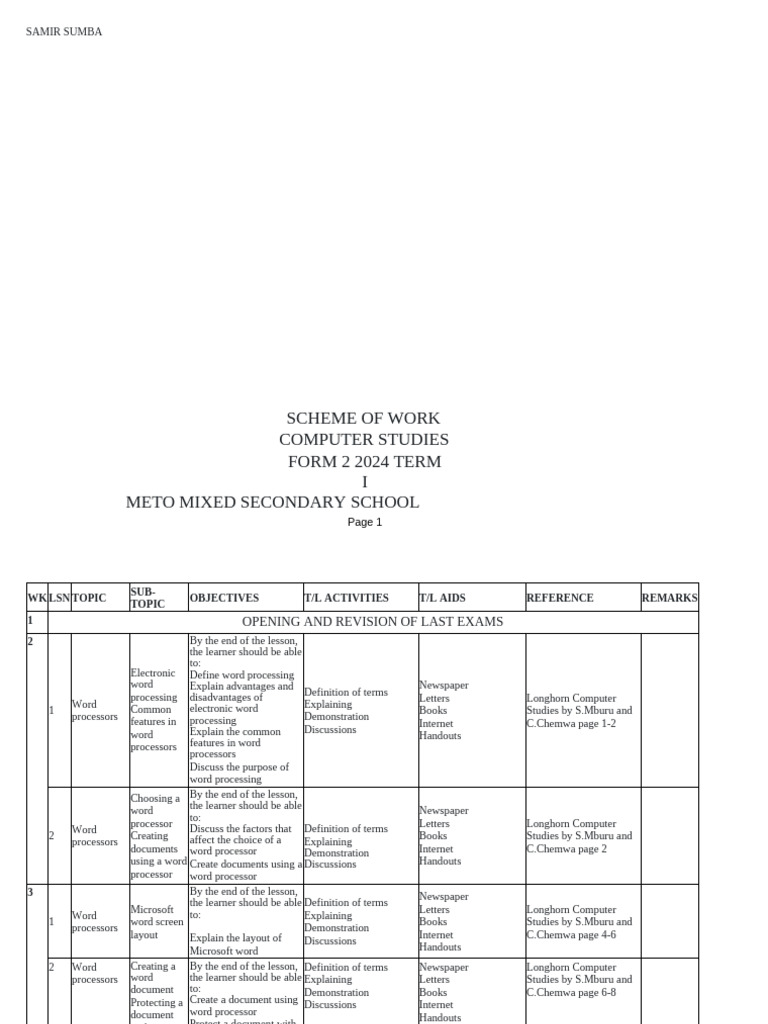 Comp Form 2 Term 1 Schemes by Samir | PDF | Spreadsheet | Computers