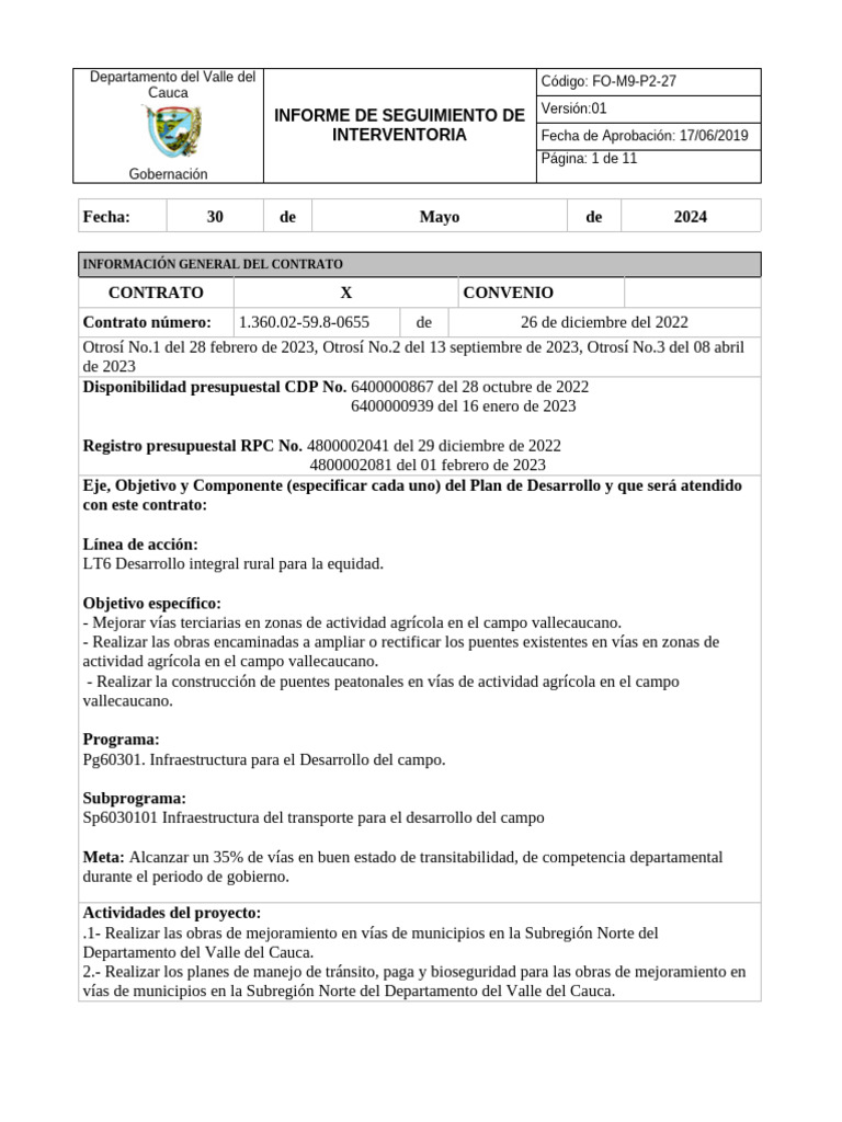 Informe de Seguimiento Interventoria 30 de Mayo 2024 | PDF