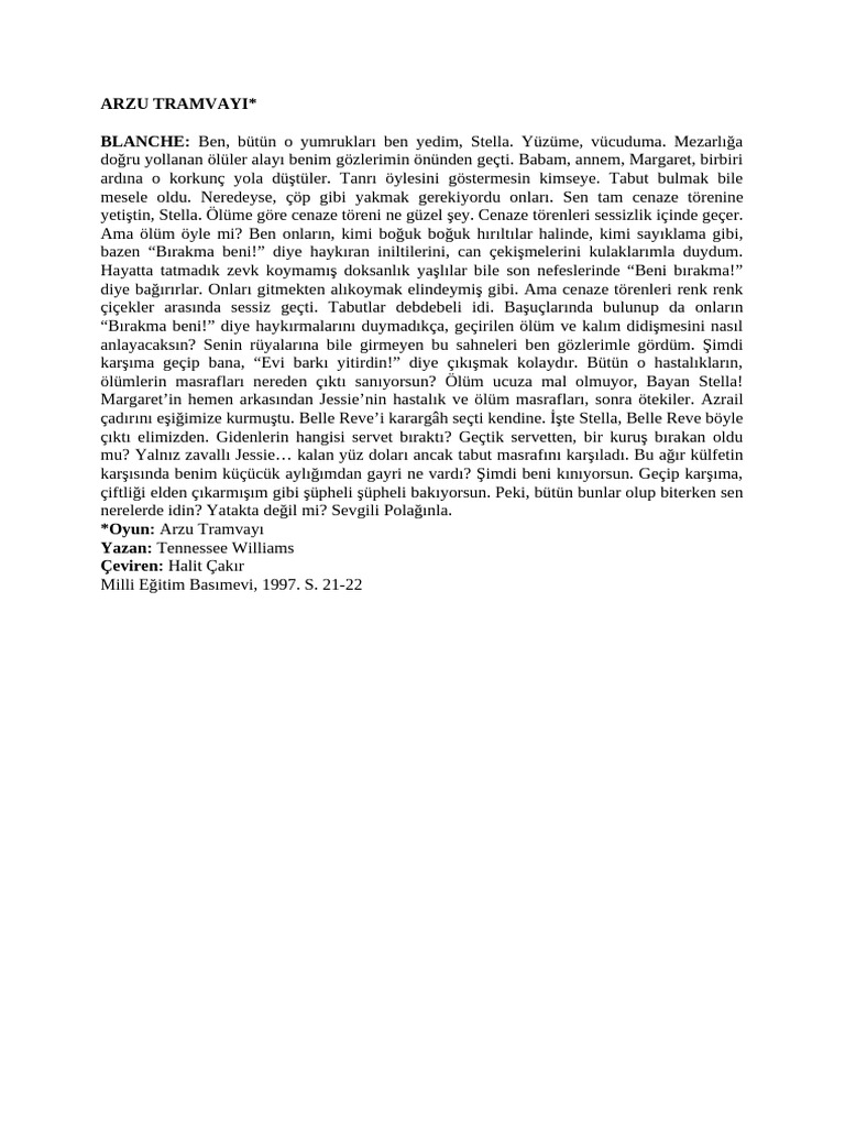 Blanche (Tennessee Williams - Arzu Tramvayı) | PDF