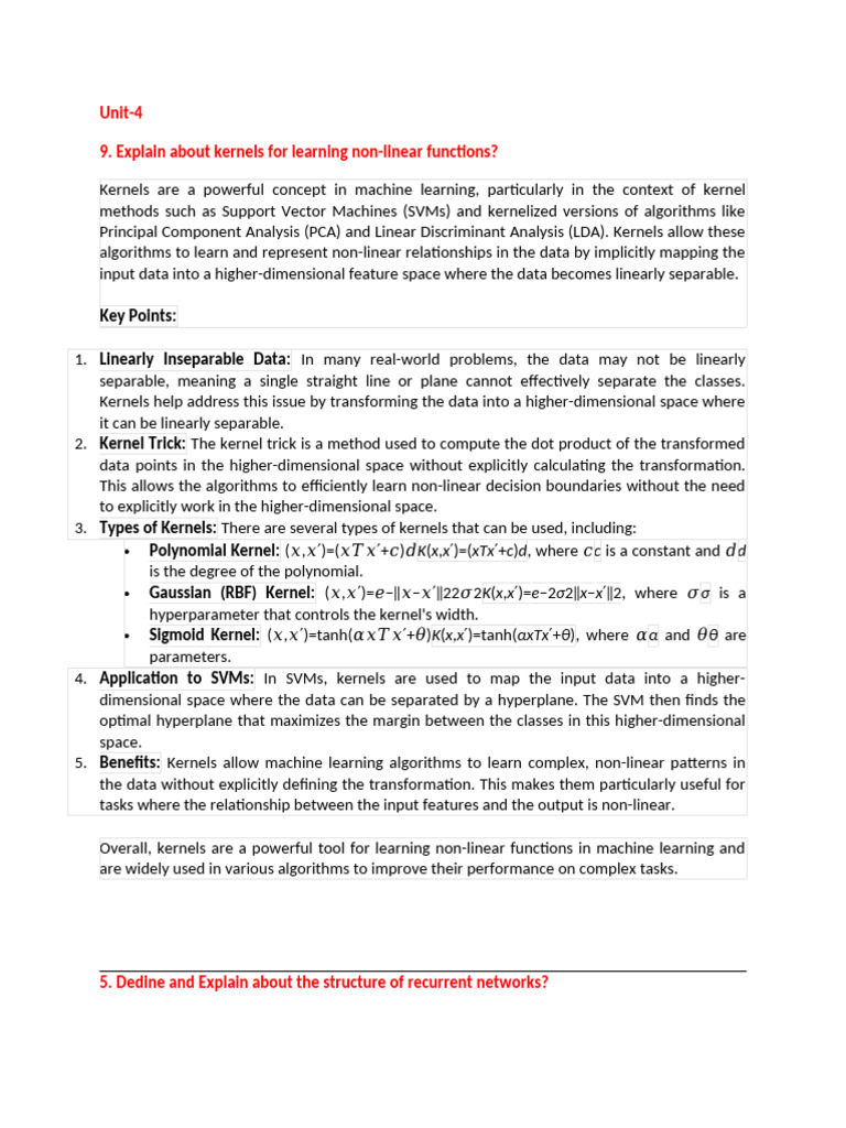 Unit-4 9. Explain About Kernels For Learning Non-Linear Functions? | PDF
