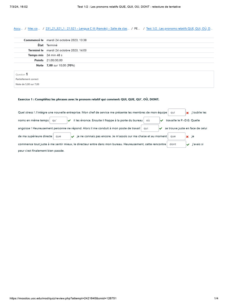 Test 1 - 2 - Les Pronoms Relatifs QUE, QUI, OÙ, DONT - Francés III UOC ...