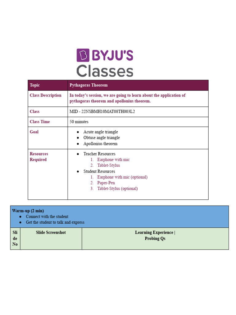 22NSBMH10MAT08TH003L2 - Pythagoras Theorem - Tutor Handout | PDF