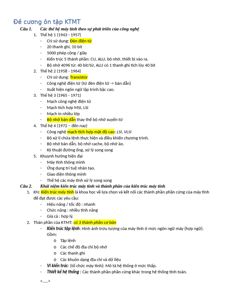 Đề cương ôn tập KTMT | PDF