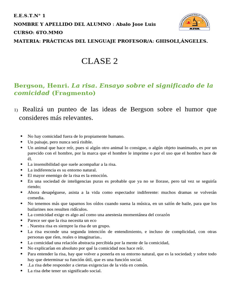 CLASE 2 - 6TO TEC1 Punto de Partida Bergson La Risa | PDF
