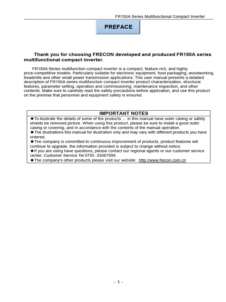 Thank You For Choosing FRECON Developed and Produced FR150A Series ...